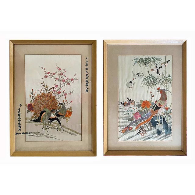 Vintage Silk Embroidered Wall Hangings With Exotic Bird and Flora Motif ...