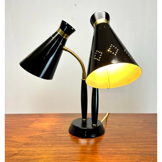 Mid Century Atomic Modern Double Gooseneck Desk Lamp in Black & Brass ...