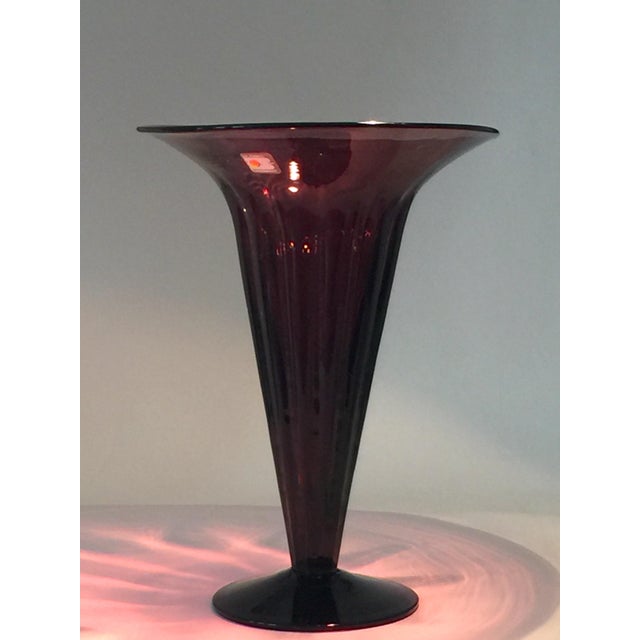 Mid Century Blenko Handmade Vase Amethyst Ribbed Trumpet | Chairish