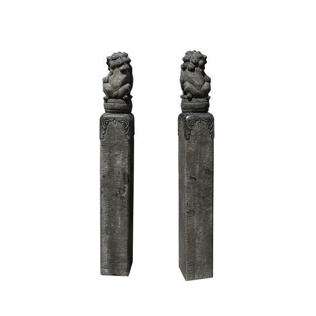 Chinese Pair Gray Stone Fengshui Foo Dogs Lion Slim Pole Statues | Chairish