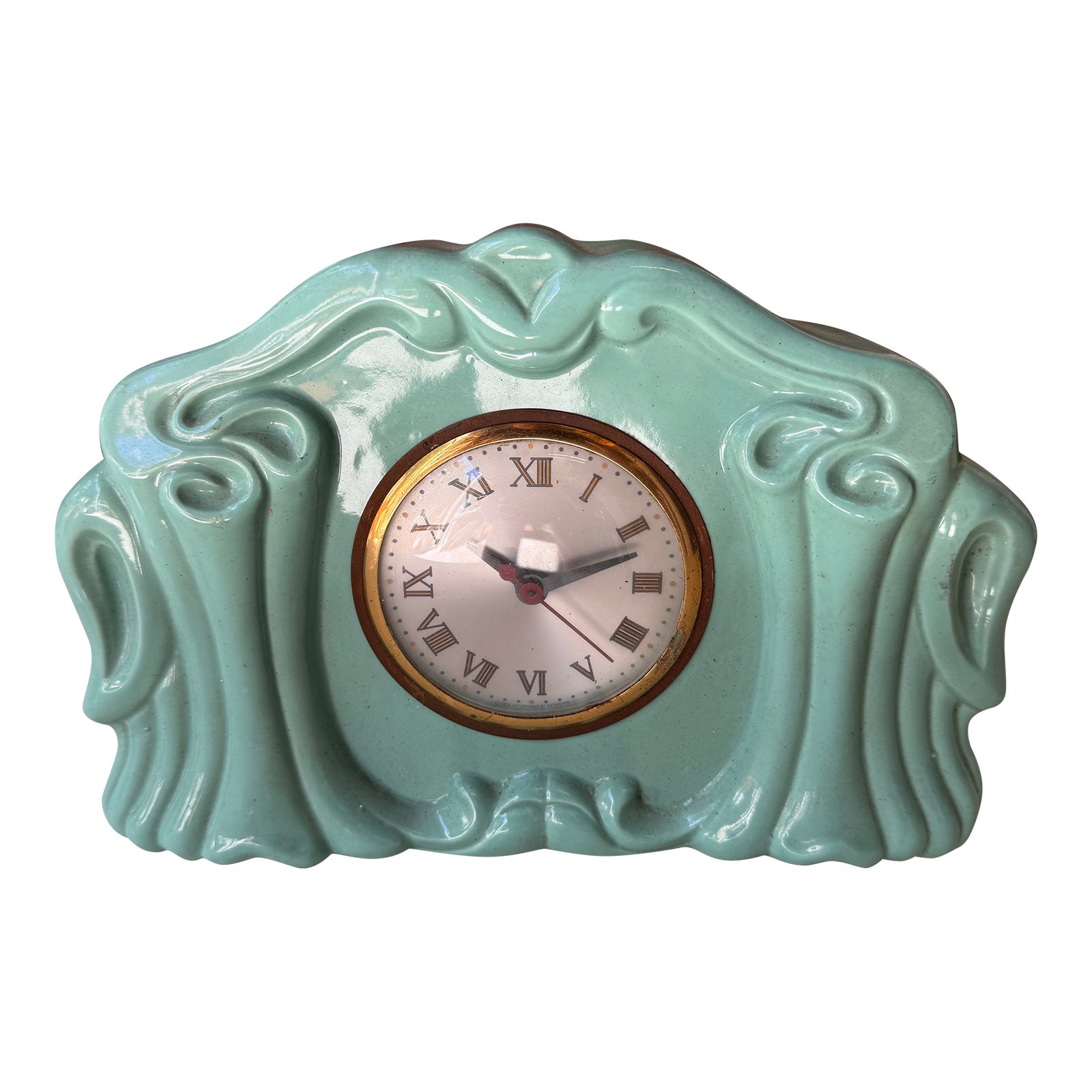 1970s Art Deco Style Teal Ceramic Detailed Table Clock | Chairish