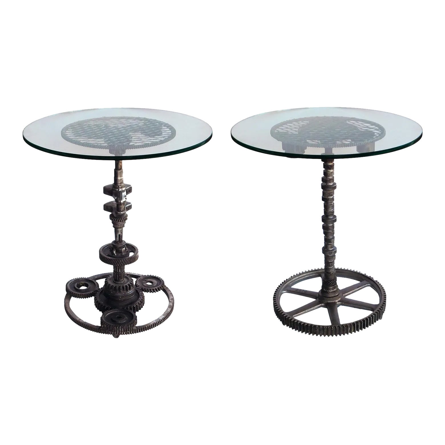 1960s Industrial Cast Iron Gear Wheel Tables with Circular Glass Tops ...