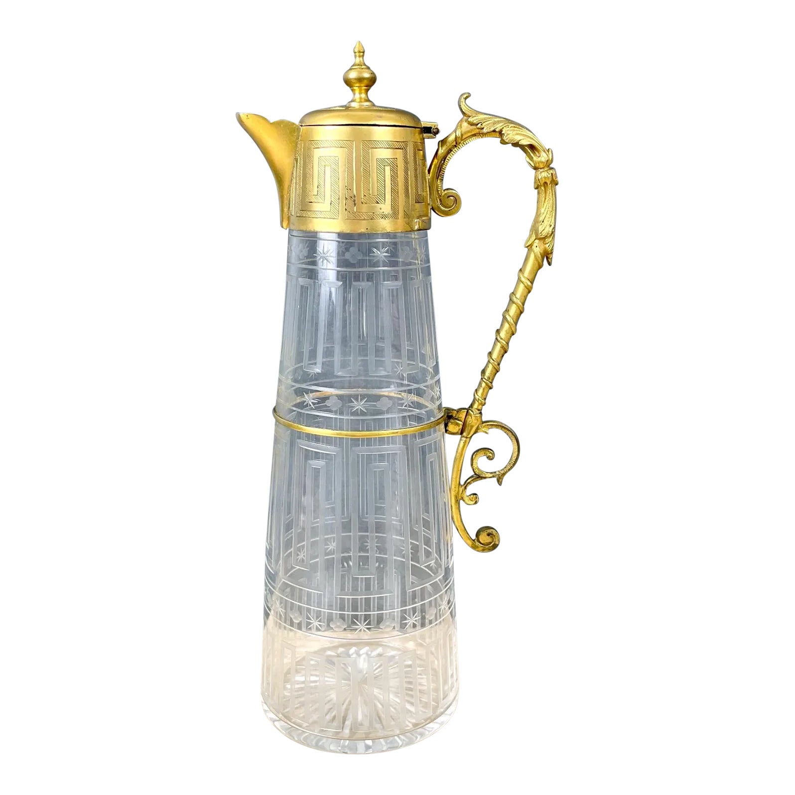1920s Vintage Greek Key Cut Glass Fancy Claret Jug | Chairish