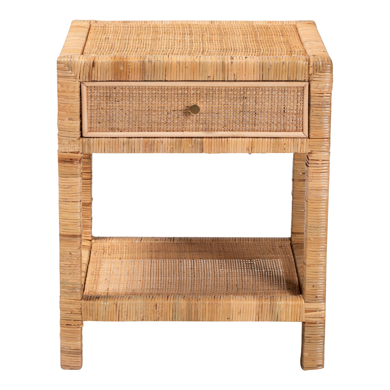 Modern Bohemian Natural Rattan and Mahogany Wood 1-Drawer Nightstand ...