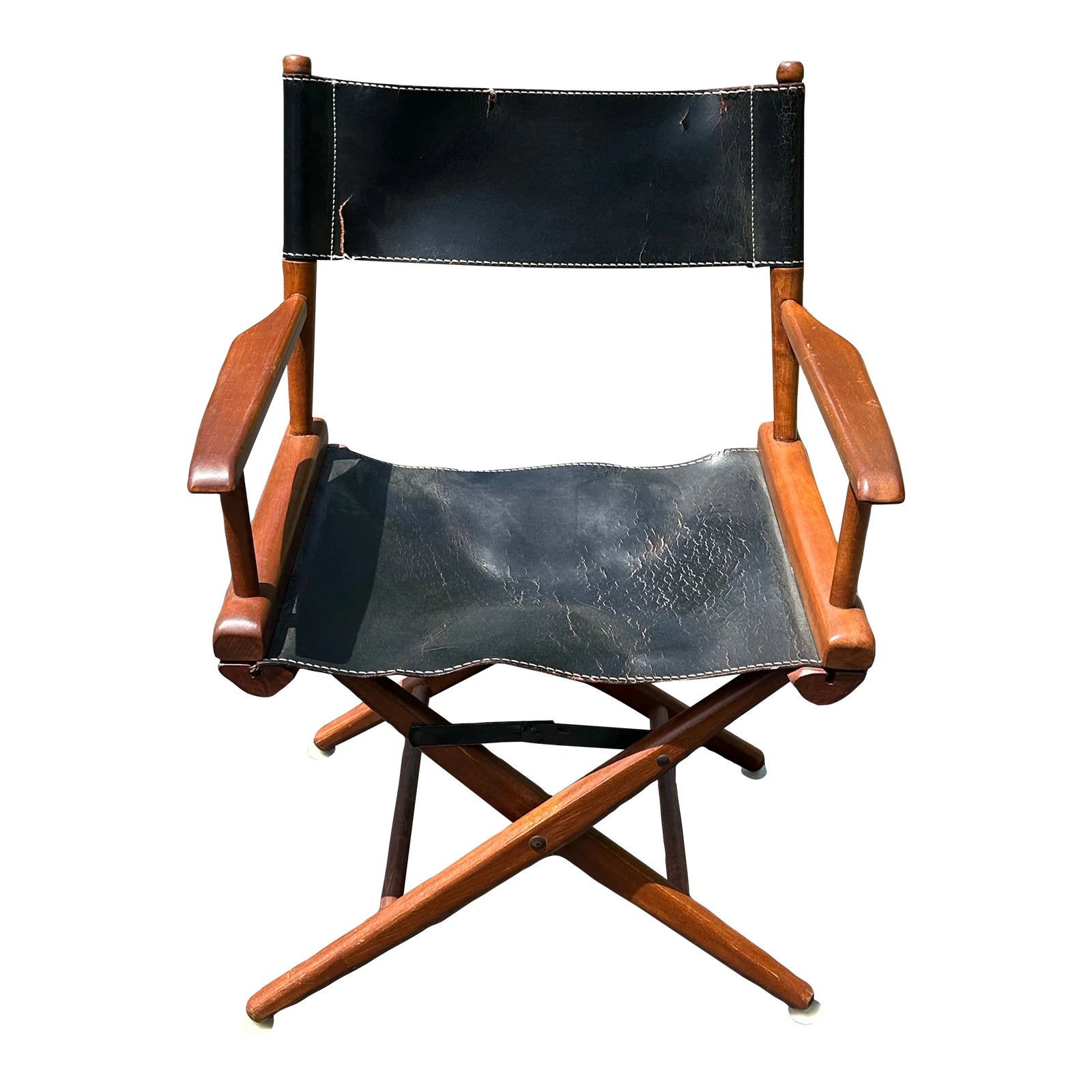 Vintage Mid-Century Black Leather Distressed Directors Chair by the ...