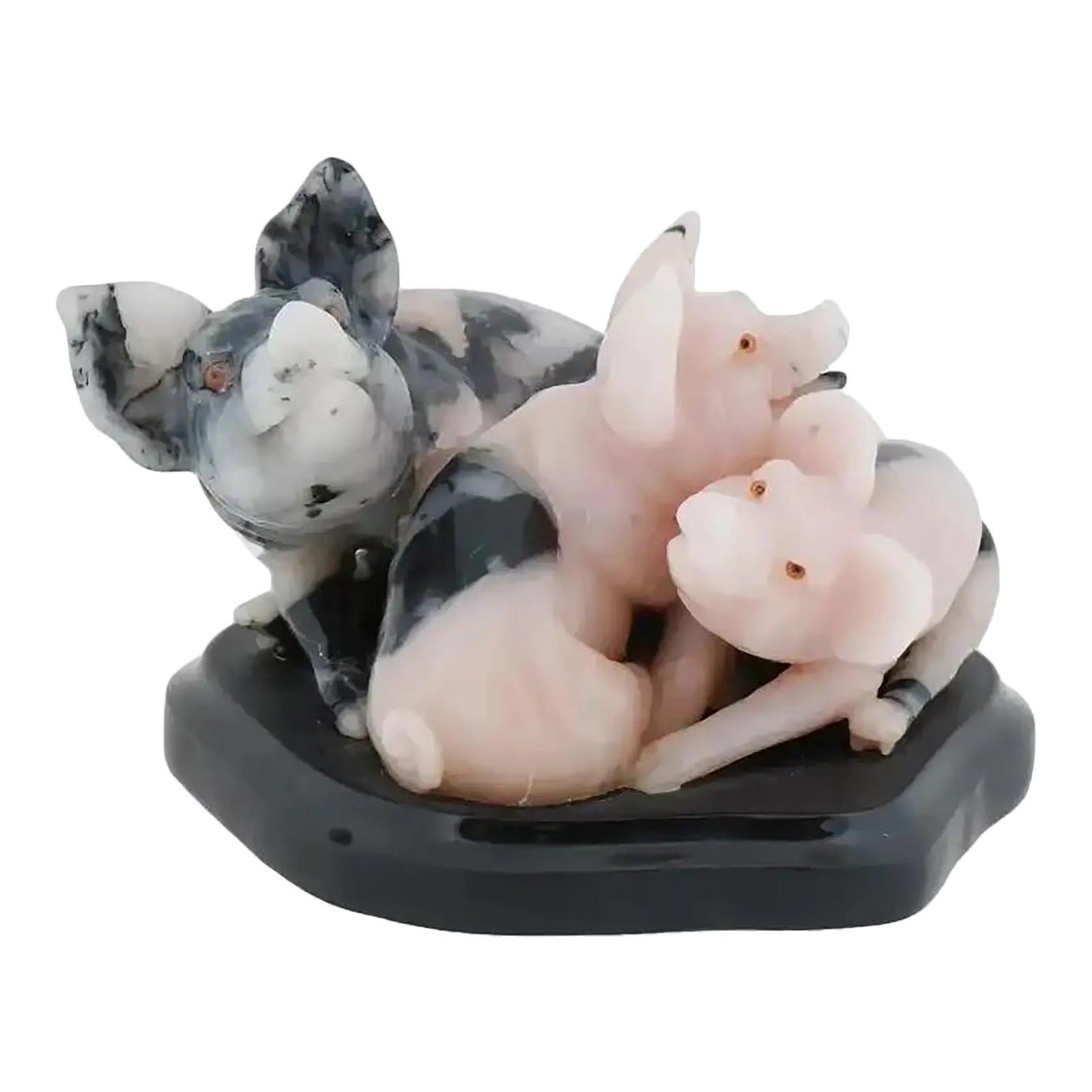 Mid 20th Century Carved Rhodonite Pig Figurines on a Marble Base | Chairish