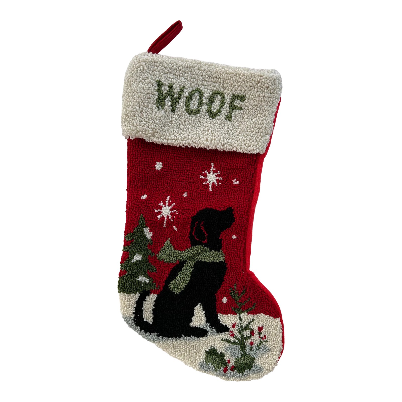 21st Century Hand Hooked Dog Christmas Stocking - "Woof" | Chairish