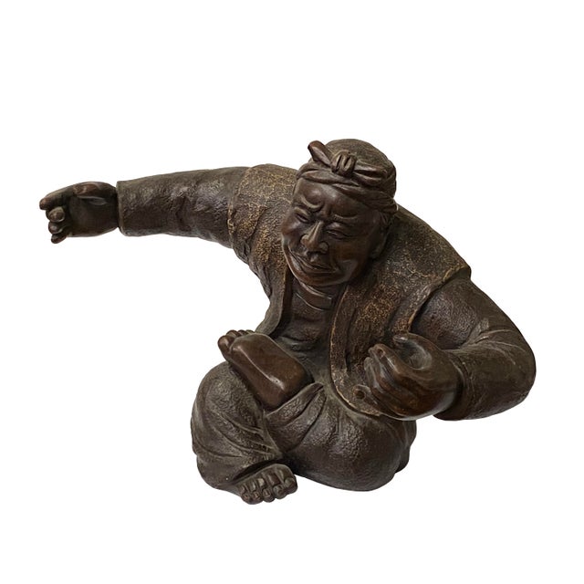 Chinese Distressed Brown Rough Marks Ceramic Clay Man Art Figure | Chairish