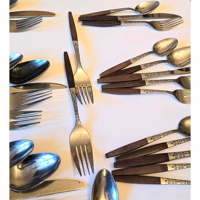 Mid Century Wood Handled Flatware - Set of 62 | Chairish