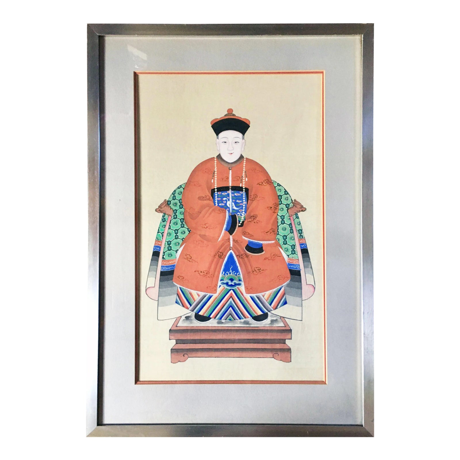 Antique Chinese Ancestor Portrait in Silver Leaf Frame | Chairish
