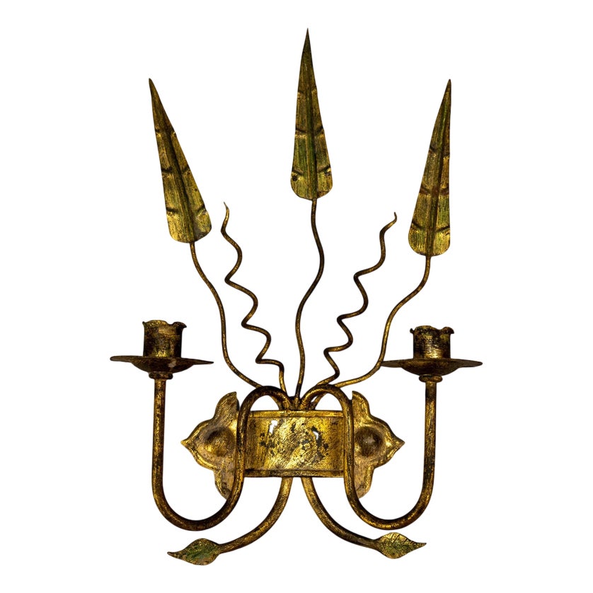 Spanish Gilt Iron Medieval Revival Style Two-Arm Candle Wall Sconce, ca ...