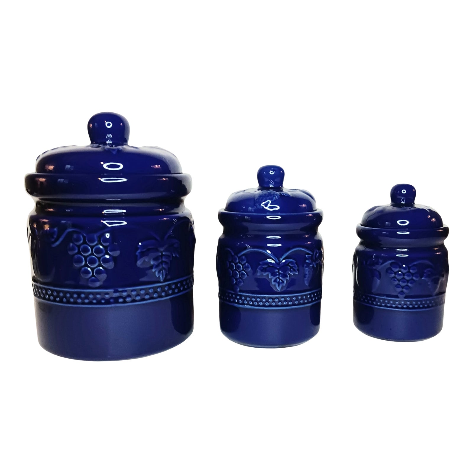 Set of Three (3) Vintage Cobalt Blue Ceramic Canisters Raised Fruit ...