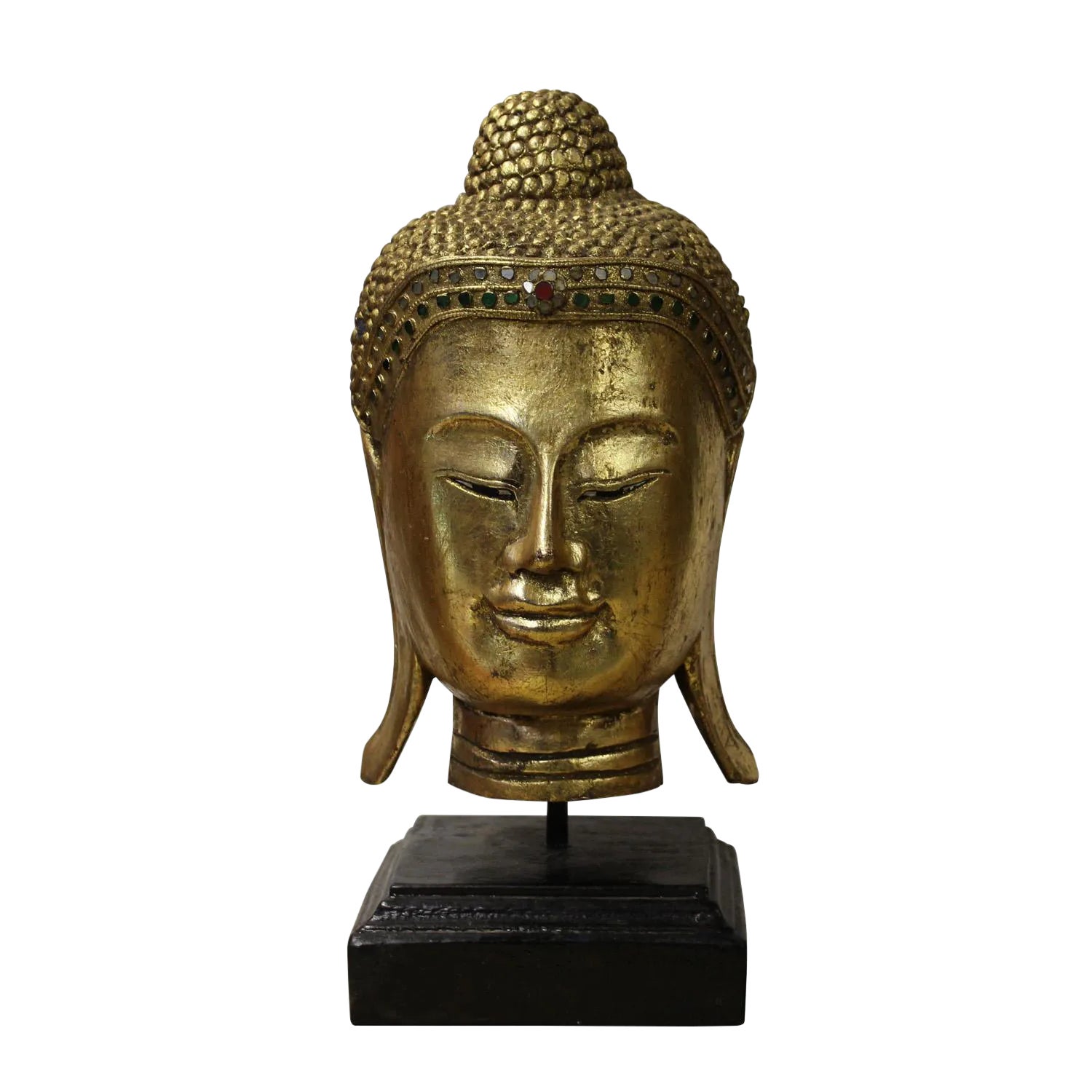 Handcrafted Gold Wood Serene Peaceful Buddha Head On Stand | Chairish