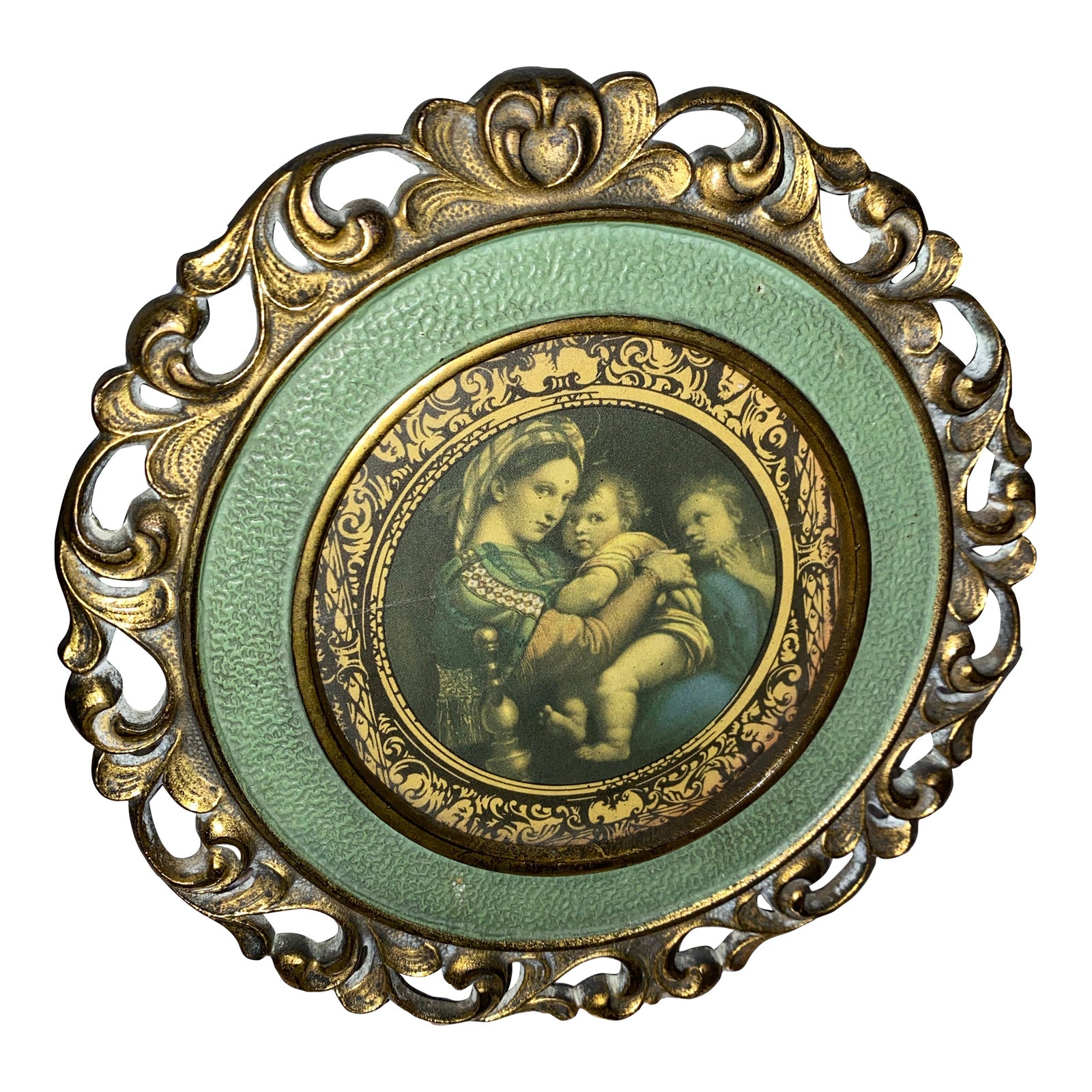 Ornate Gilt Brass Oval Frame With a Madonna and Child Print. | Chairish