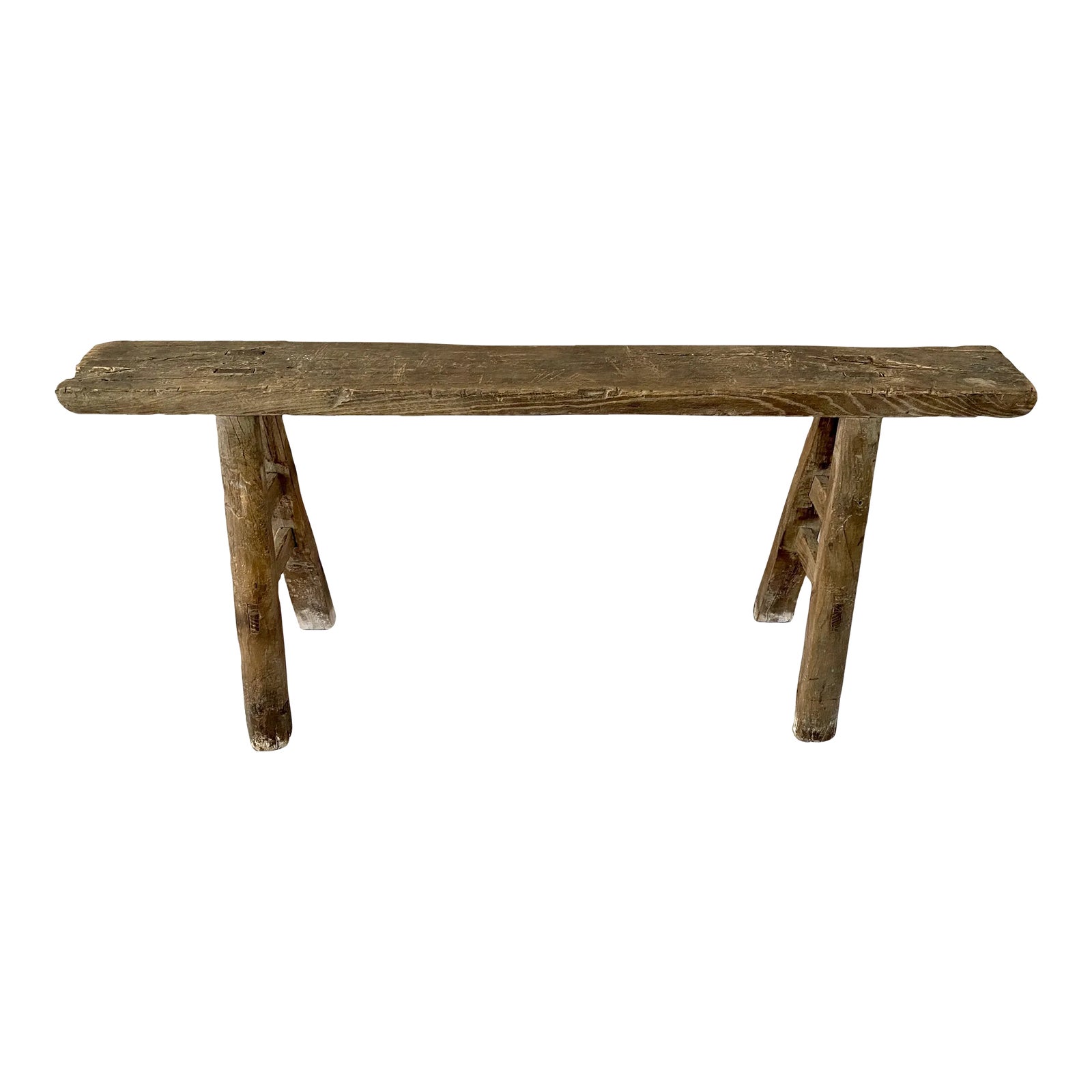Rustic Elm Wood Skinny Bench | Chairish