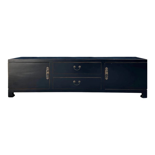 Oriental Black Lacquer Swing Drawers Low Tv Media Console Cabinet Chairish