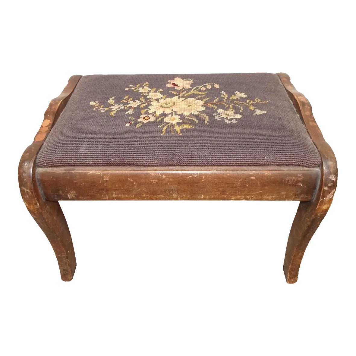 Vintage Brown Rustic Footstool Stool W Floral Tapestry Needlepoint ...