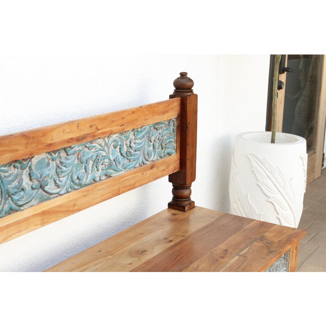 Reclaimed Wood Carved Aqua Beam Bench | Chairish
