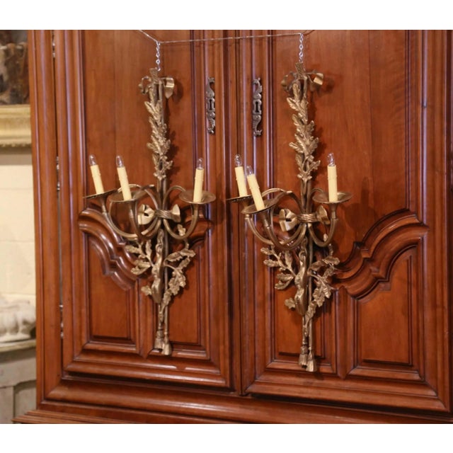 French Bronze Three-Arm Horn Wall Sconces With Bow and Hunt Motifs - a ...