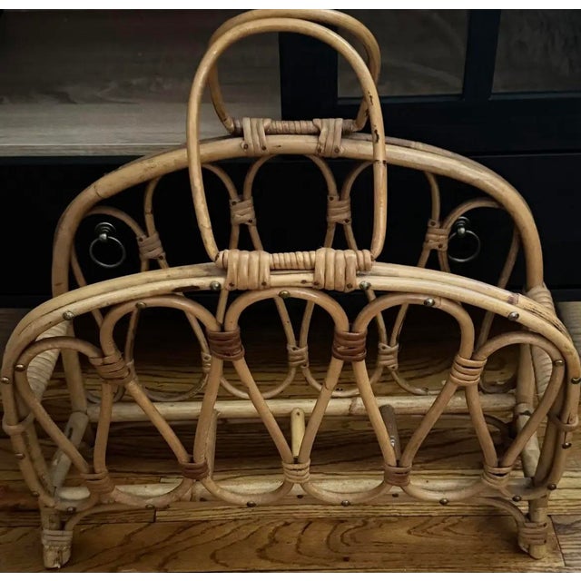 1970s Mid-Century Rattan & Bamboo Magazine Rack - Sculptural Honey Tone ...