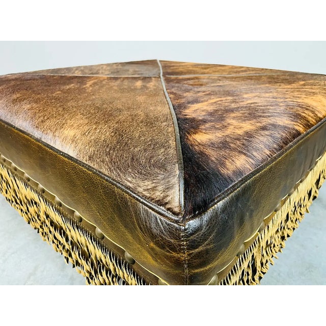 French Provincial Style Cowhide Leather Fringe Cocktail Ottoman Bench ...