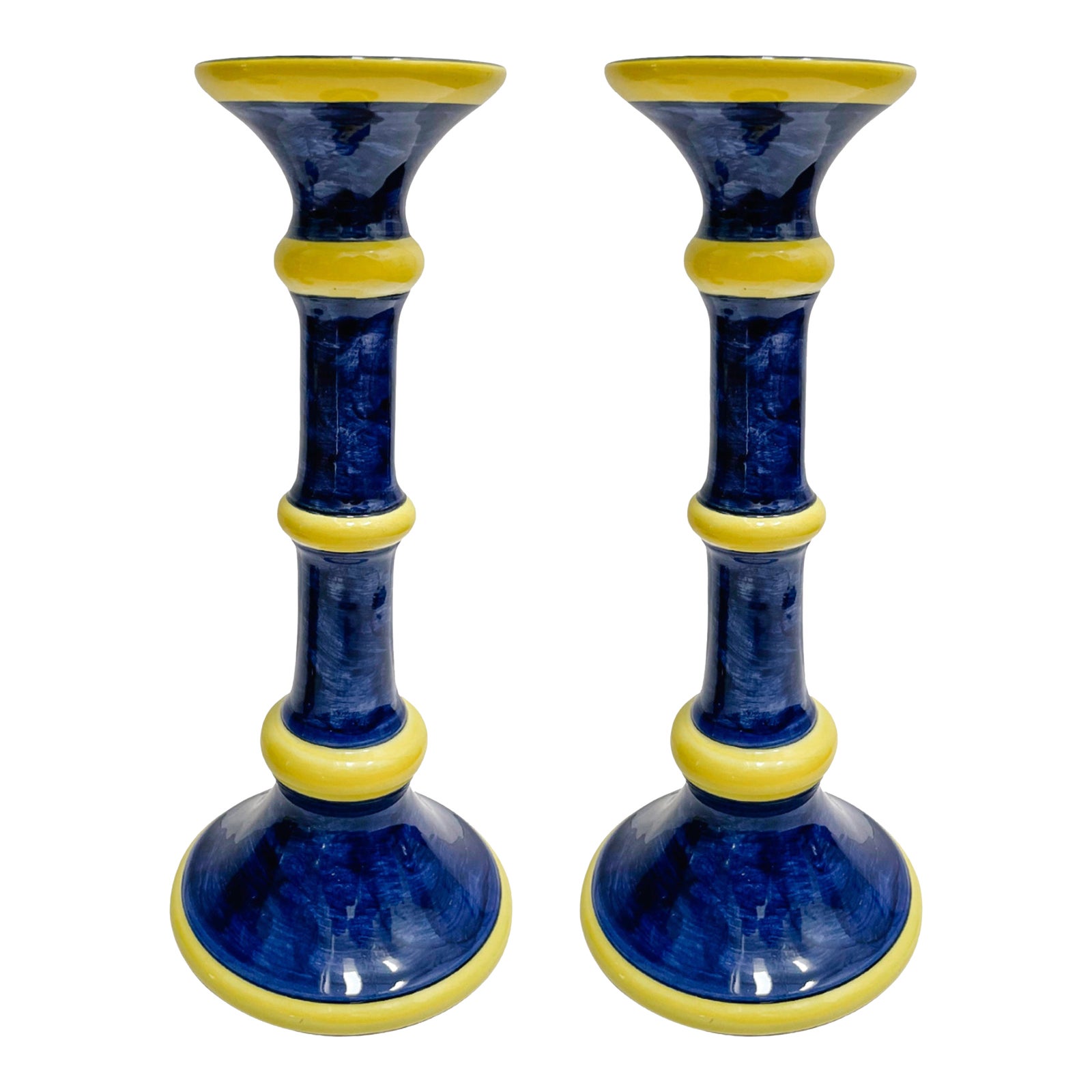 Pair of Blue & Yellow Tall Candlesticks by Intrada Italy | Chairish