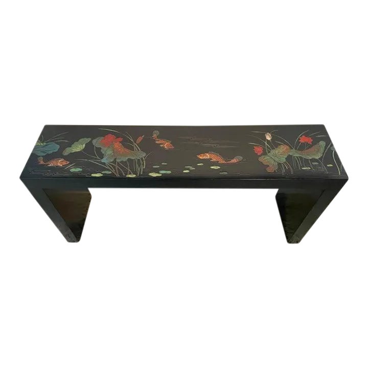 1970s-80s Console Table Art Deco Revival Coromandel Black Lacquer Lotus ...