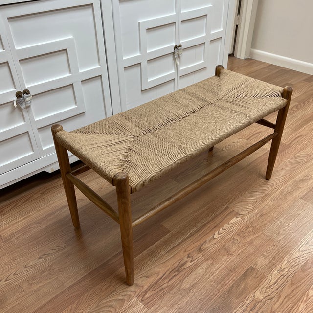 Natural Teak Wood and Rush Bench | Chairish