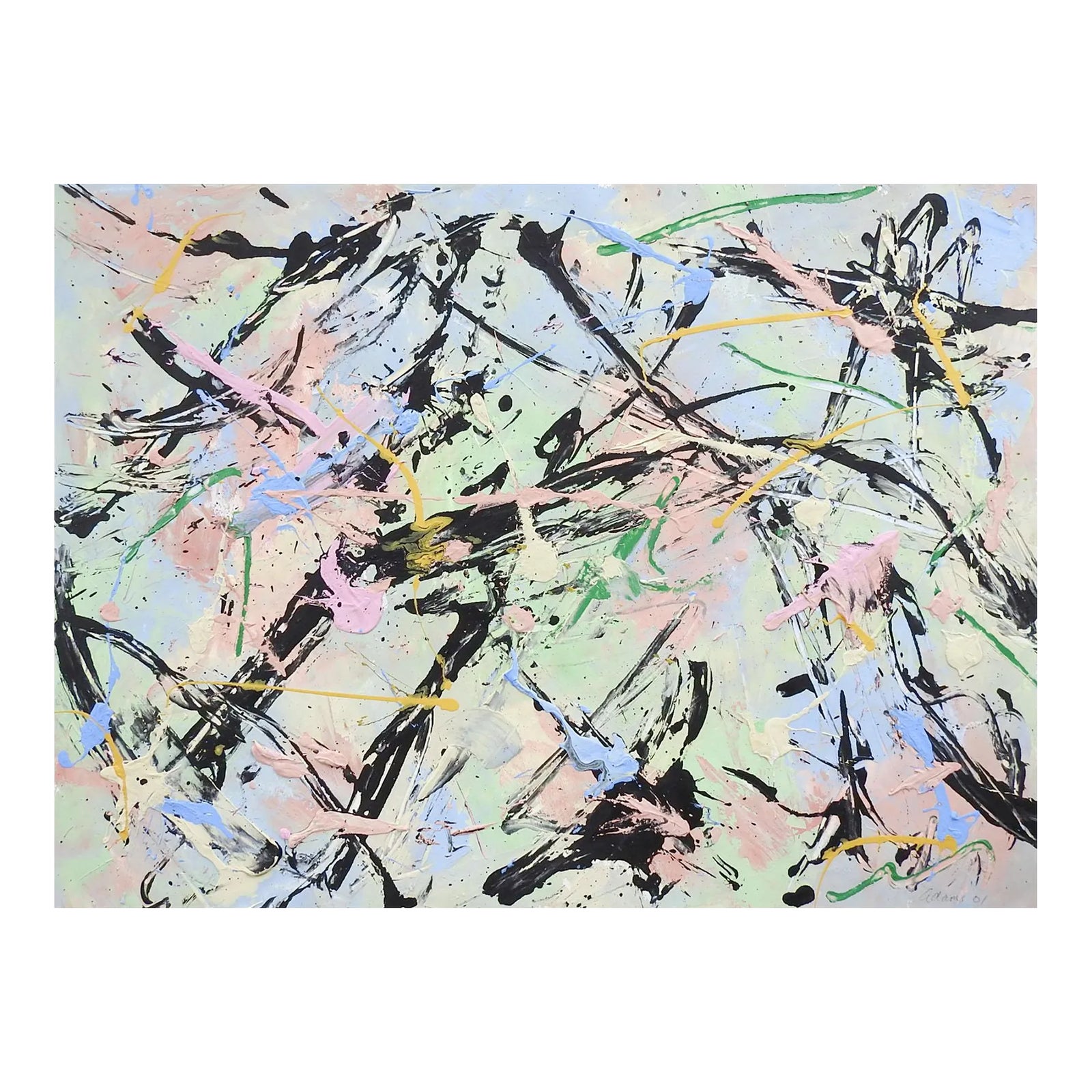Abstract Style of Jackson Pollock Painting in Pink Blue & Black | Chairish