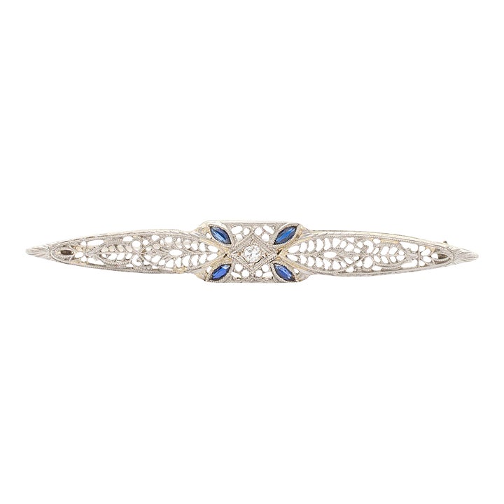 Antique Art Deco 14K White Gold Filigreed Diamond Sapphires Brooch ...