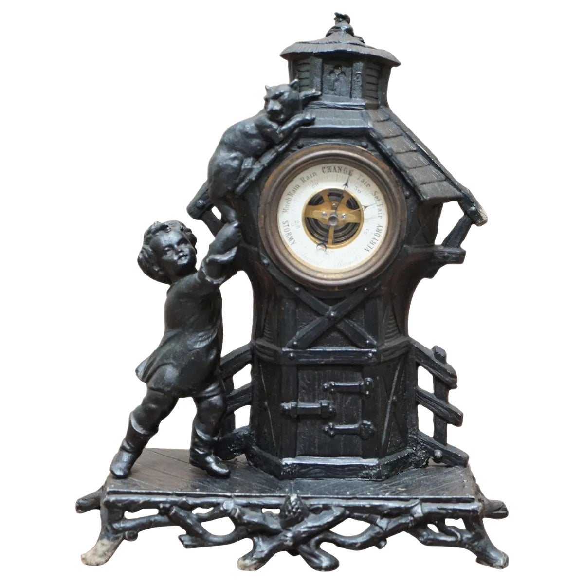 Victorian Boy Chasing a Cat Barometer in Painted Cast Iron | Chairish