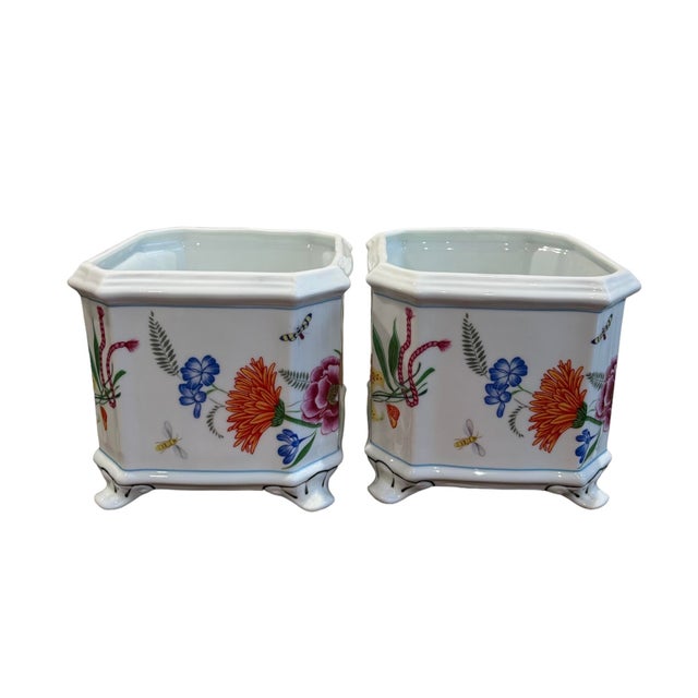 Pair of 1990s Lynn Chase Flores Pink Peony Floral Dragonfly Footed ...