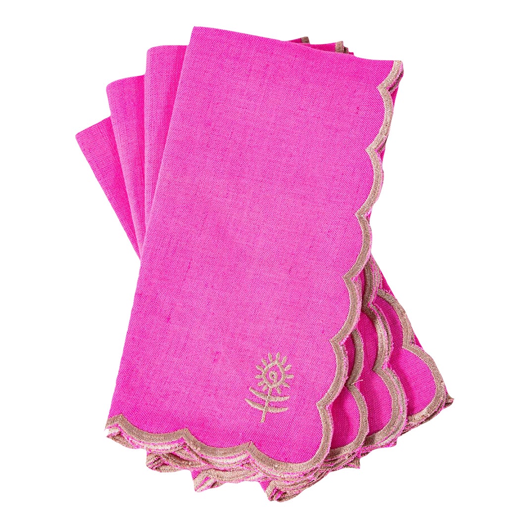 Furbish Scalloped Edge Icon Linen Napkins - Hot Pink + Khaki, Set of 4 ...