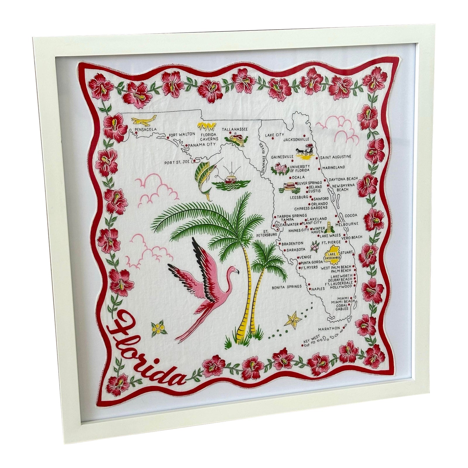 Vintage Coastal Florida Handkerchief White Framed Wall Textile Art ...