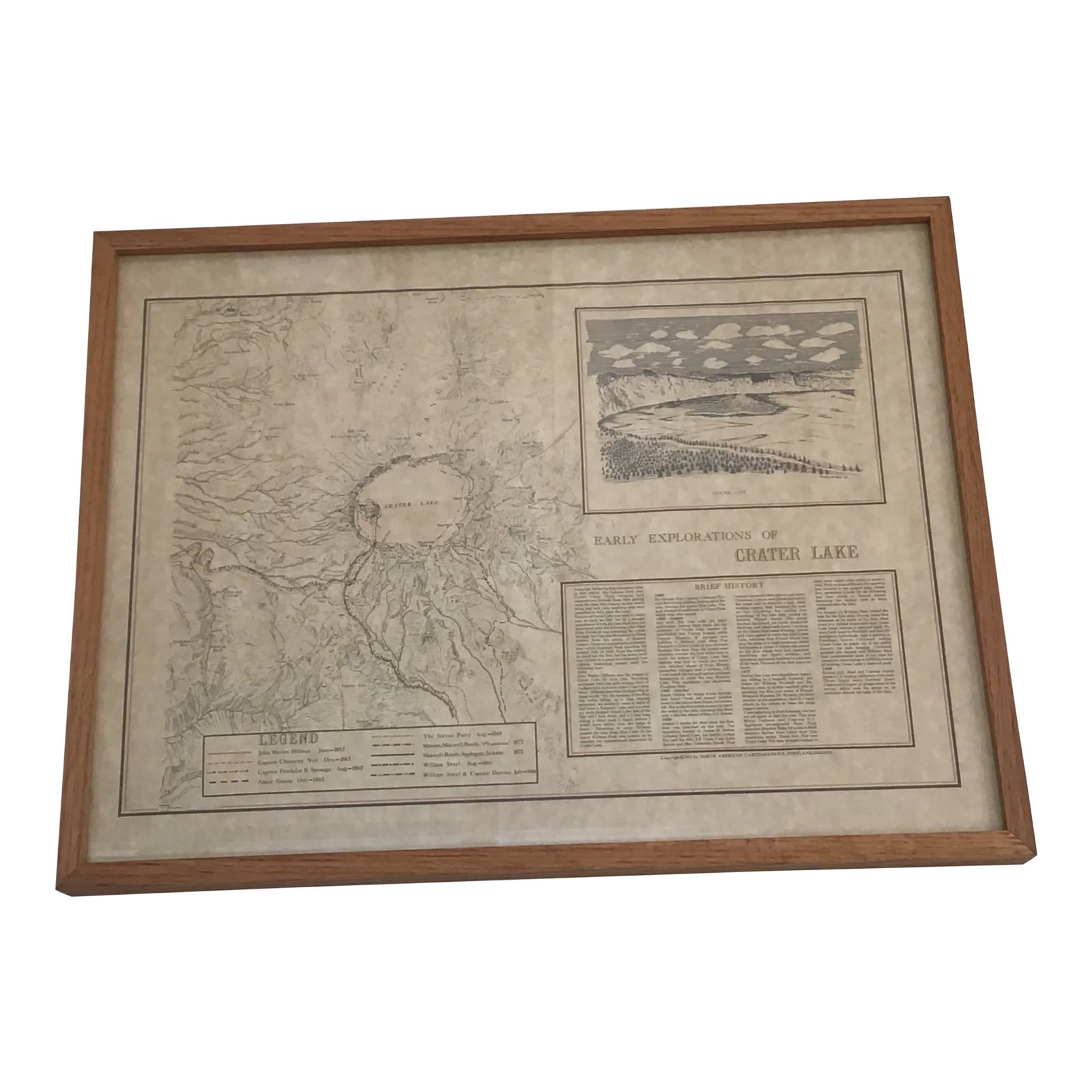 Vintage 1977 Early Explorations Framed Historical Map of Crater Lake ...