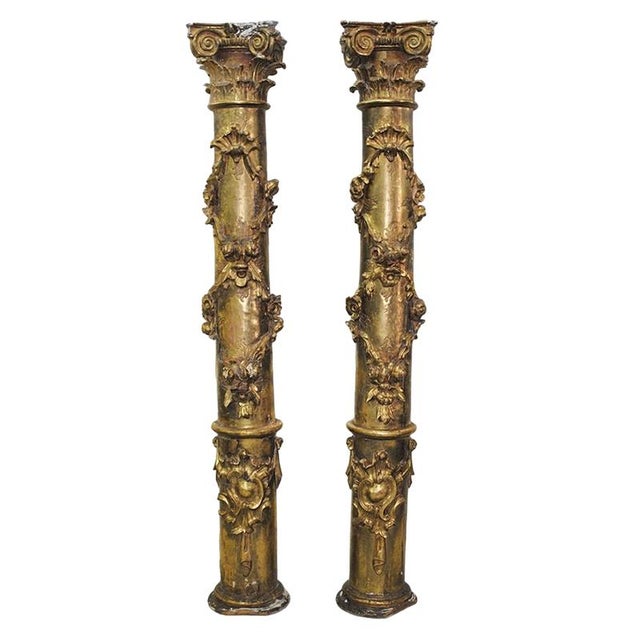 Ancient Carved Wood Gold Leaf Columns, 18th Century, Set of 2 | Chairish
