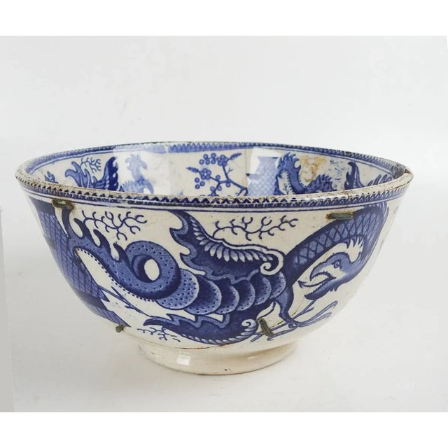 Antique Chinoiserie Blue Transferware Dragon Bowl Stapled | Chairish