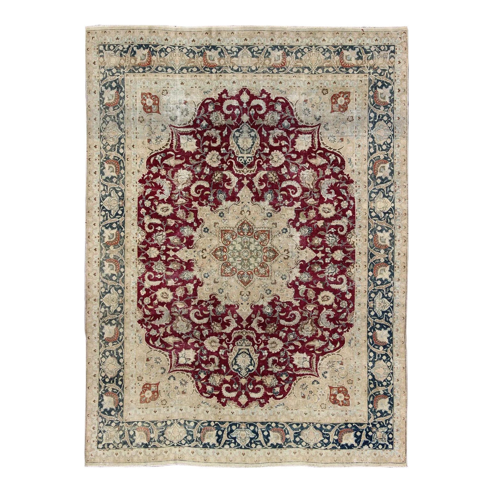 Layered Floral Medallion Antique Persian Mashad Rug in Red, Blue and ...