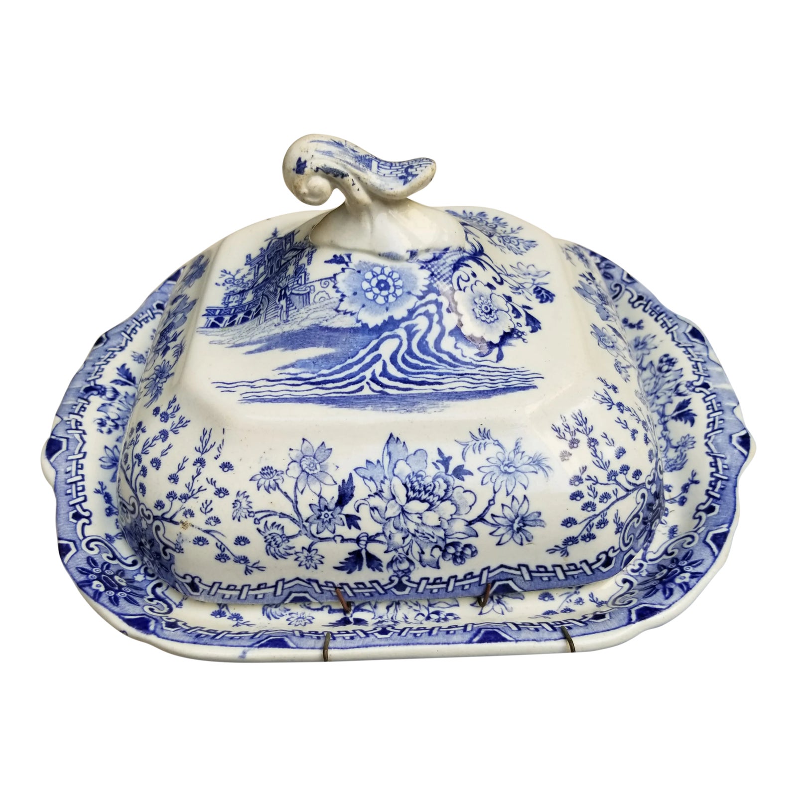 Mid 19th Century Blue and White Pagoda Pattern Dish | Chairish