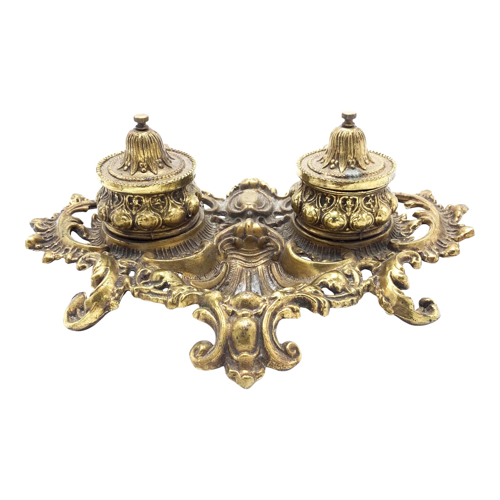Antique Art Nouveau Large Cast Metal Double Inkwell | Chairish
