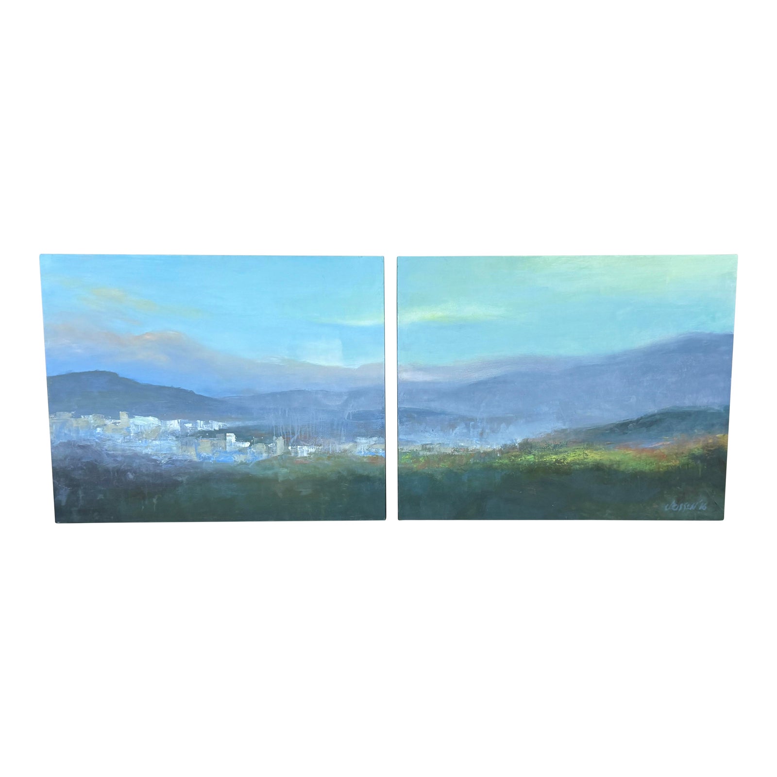 Circa 2016 Carol Jessen Cityscape Landscape Original Diptych Paintings ...