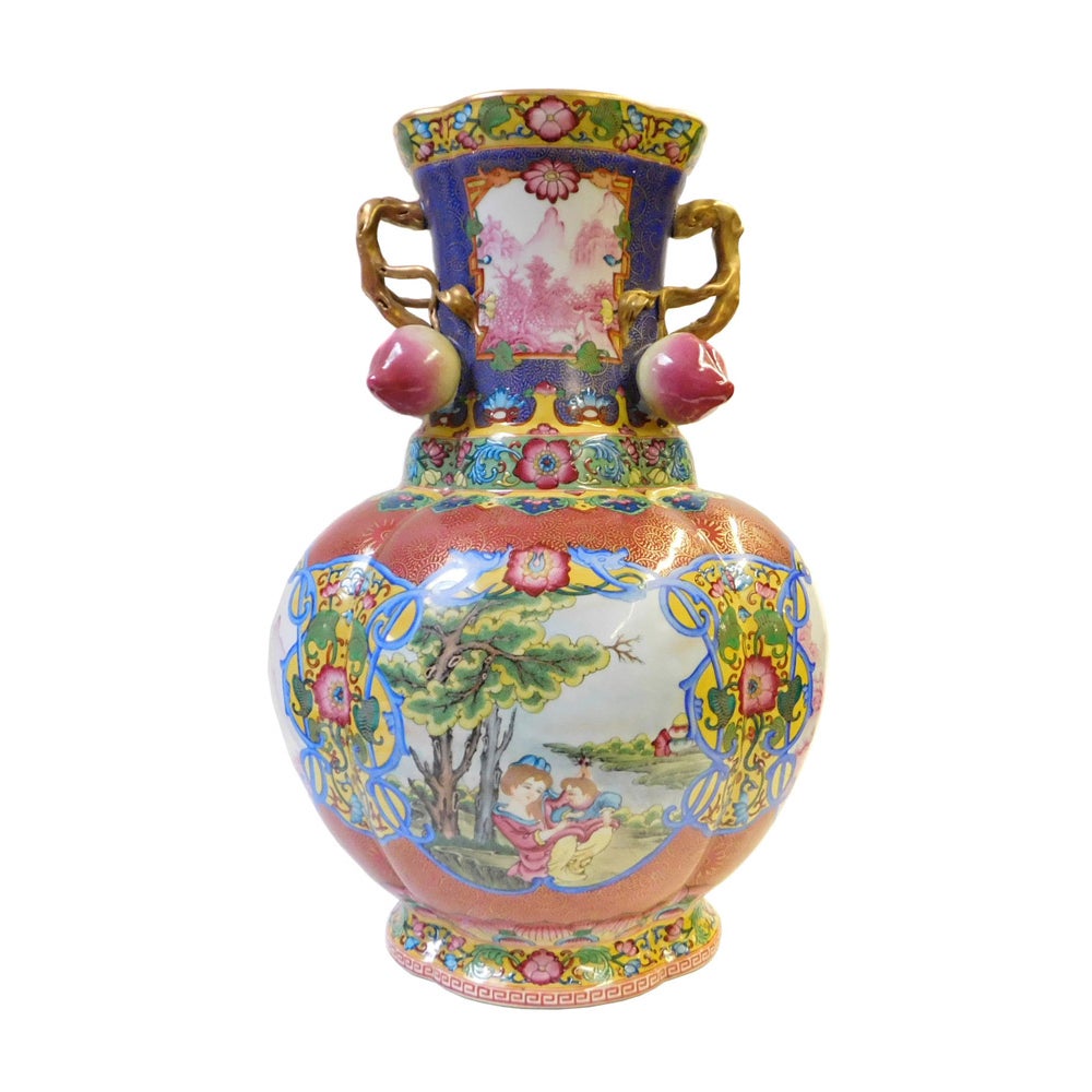 Pink Multi-Color Dimensional Peach Floral Vase | Chairish