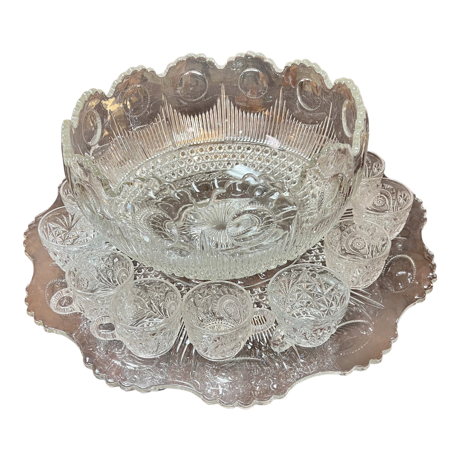 Late 20th Century Eapg Manhattan Pattern Glass Large Punch Bowl Set- 21 ...