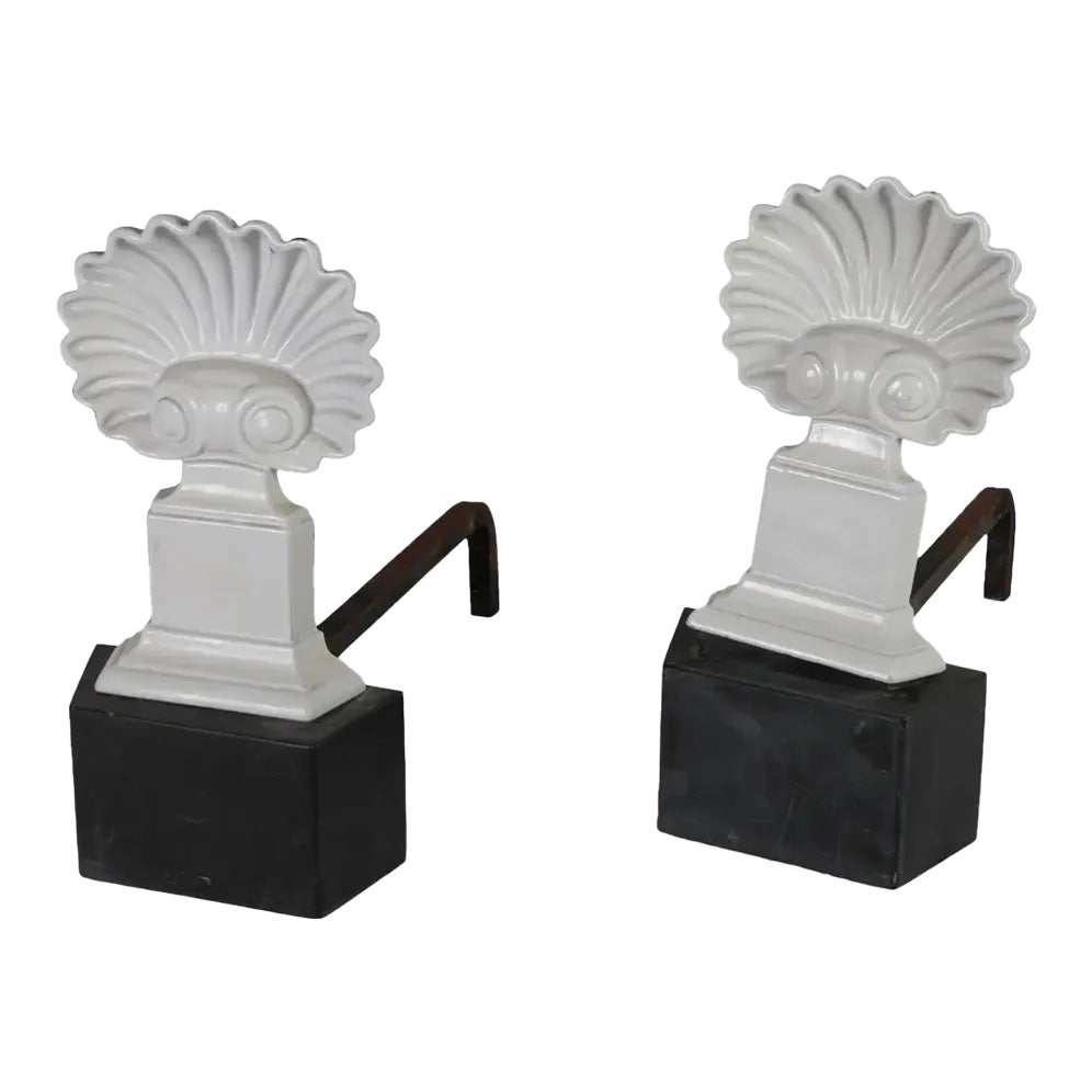 Vintage Victorian Clam Shell Andirons With Black Bases | Chairish