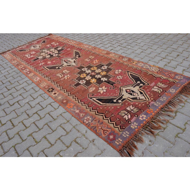 Vintage Turkish Handmade Kilim Runner Rug - 5′ × 12′7″ | Chairish