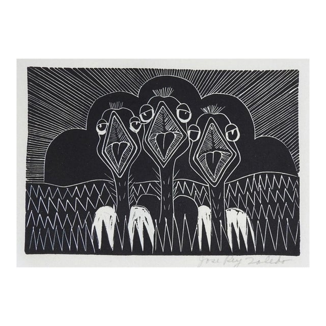Vintage Mid 20th Century Jose Rey Toledo Three Baby Birds Woodcut ...
