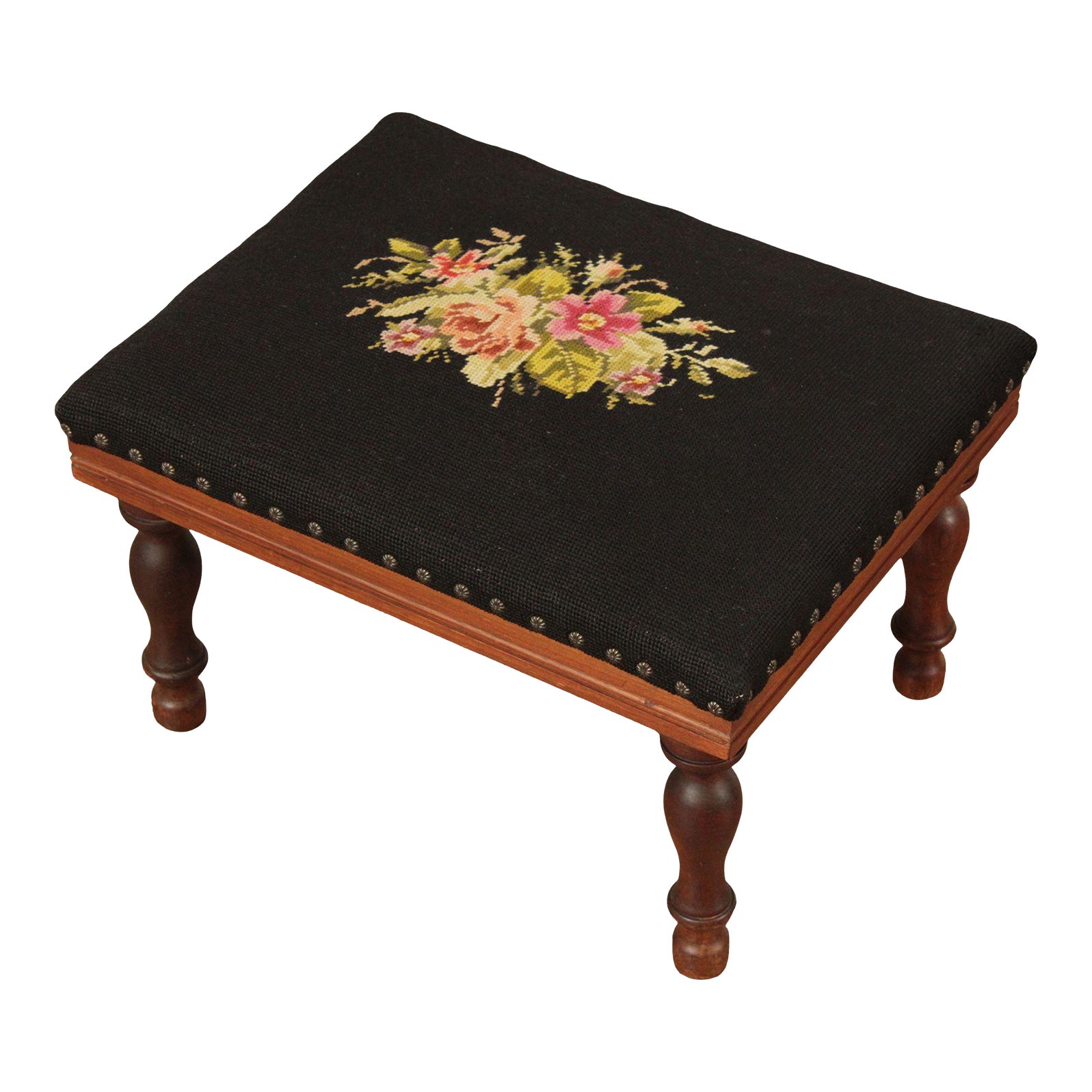 Antique Victorian Floral Needlepoint Foot Stool | Chairish