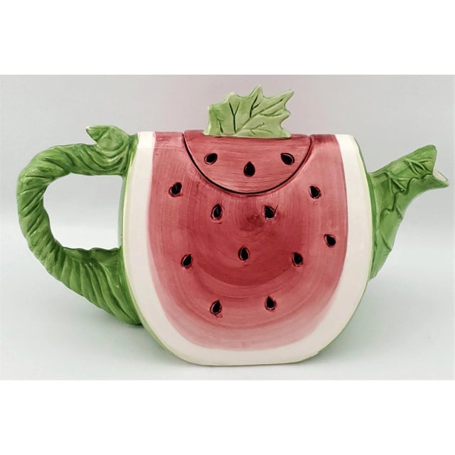 Vintage Porcelain Ceramic Watermelon Tea Pot With Green Leaf Handles ...