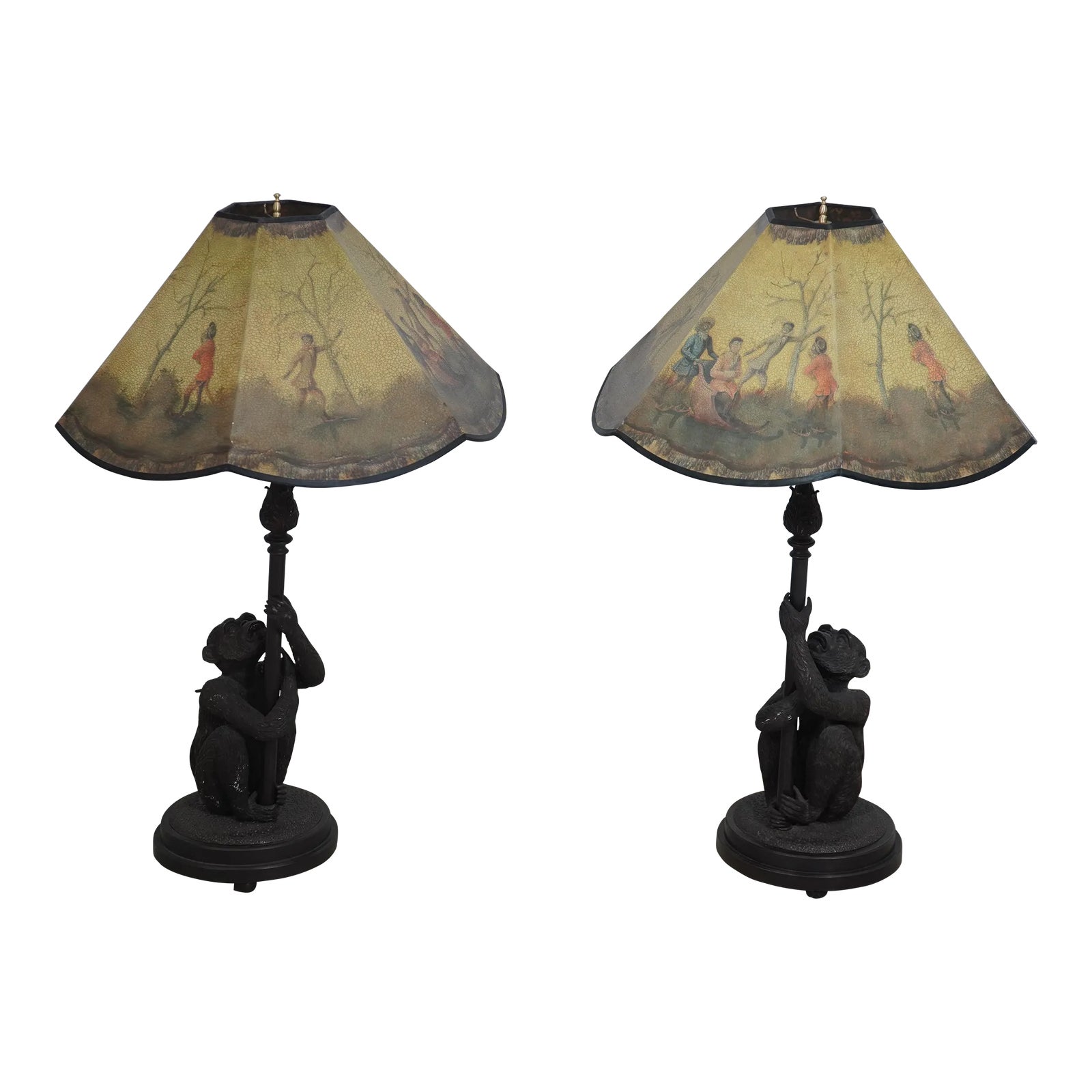Pair Maitland Smith Large Bronze Monkey Lamps | Chairish