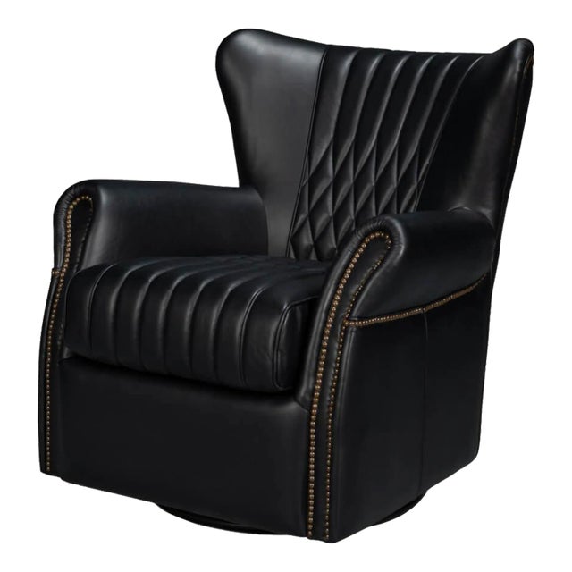 Classic Black Leather Swivel Chair | Chairish
